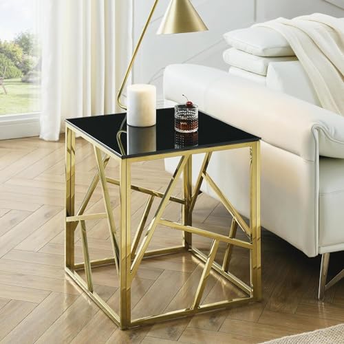 Black Side Table Small End Table with Mirrored Stainless Steel Metal Base, Square Tempered Glass End Table with Storage Modern Side Table, Living Room End Table Narrow Long Side Table Night Stand