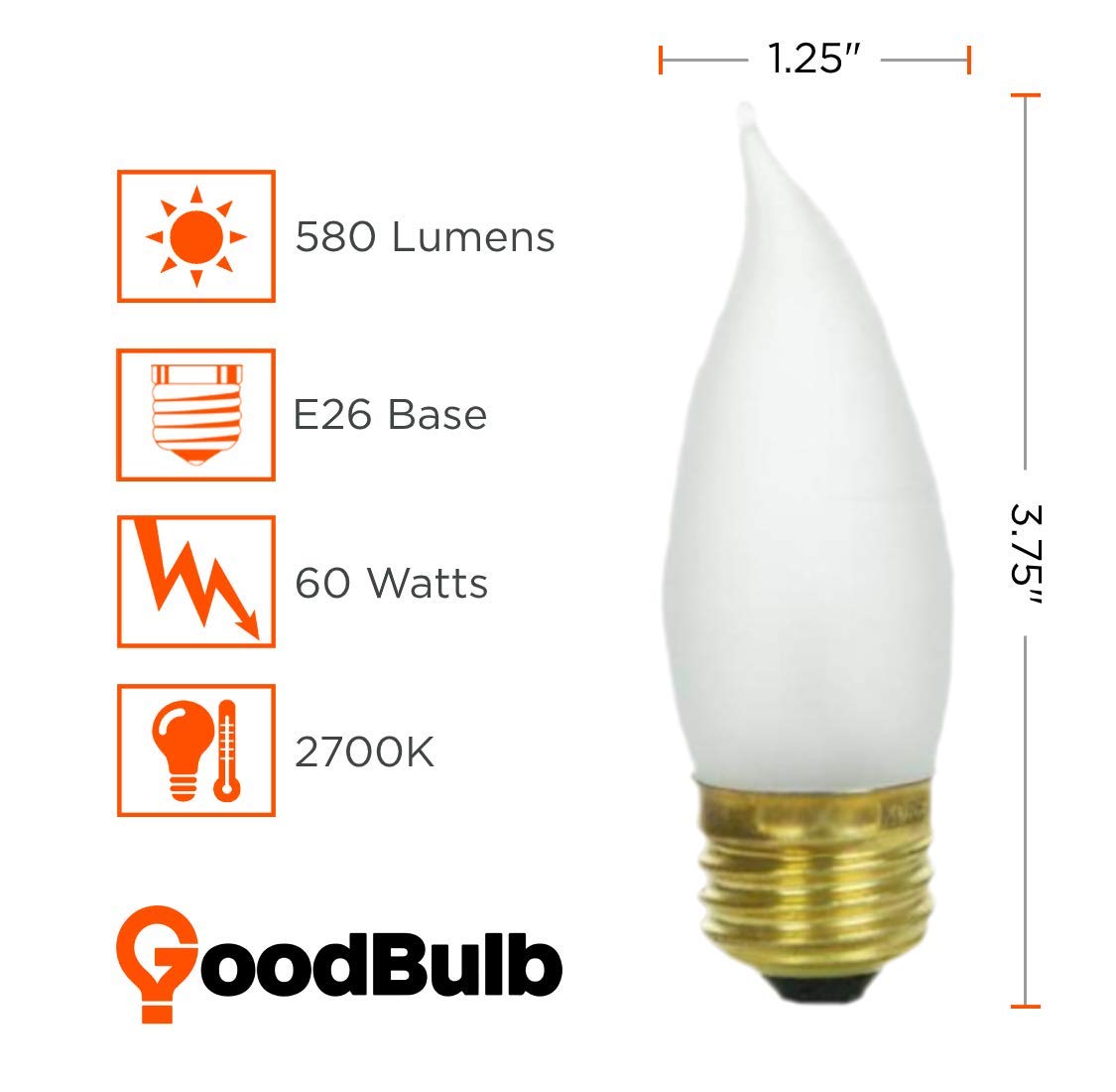 GoodBulb 25 Watt Flame Tip Light Bulbs | CA10 Frosted Finish Medium E26 Base 2700K Soft White EFF | Dimmable 25W 175 Lumens | Decorative Chandelier Bulbs | Incandescent (Pack of 12)
