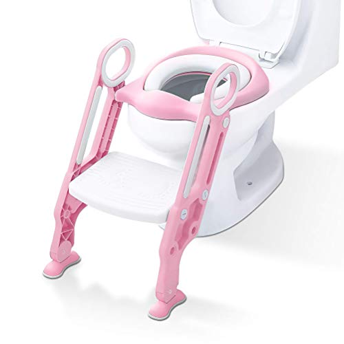 Potty Training Seat with Step Stool Ladder and Handles for Baby Toddler Kid Children Boys and Girls Toilet Training Chair with Padded Soft Cushion and Non-Slip Wide Step (Pink White)