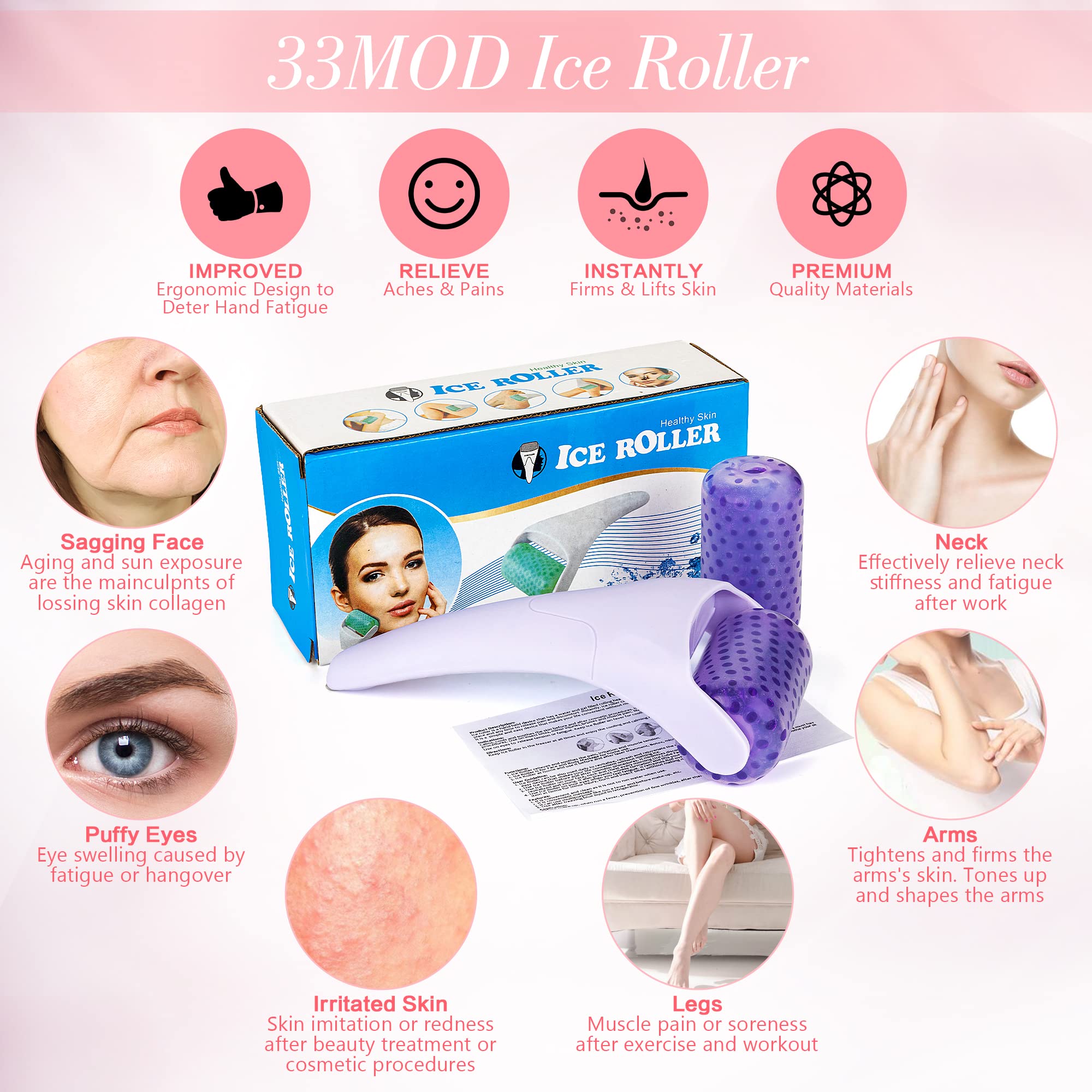 Ice Roller for Face and Eyes (2 premium roller heads included)- Face Ice Roller Massager to Reduce Puffiness around eyes and face, Migraine Pain, Wrinkles. Women's Gift idea. (Purple)