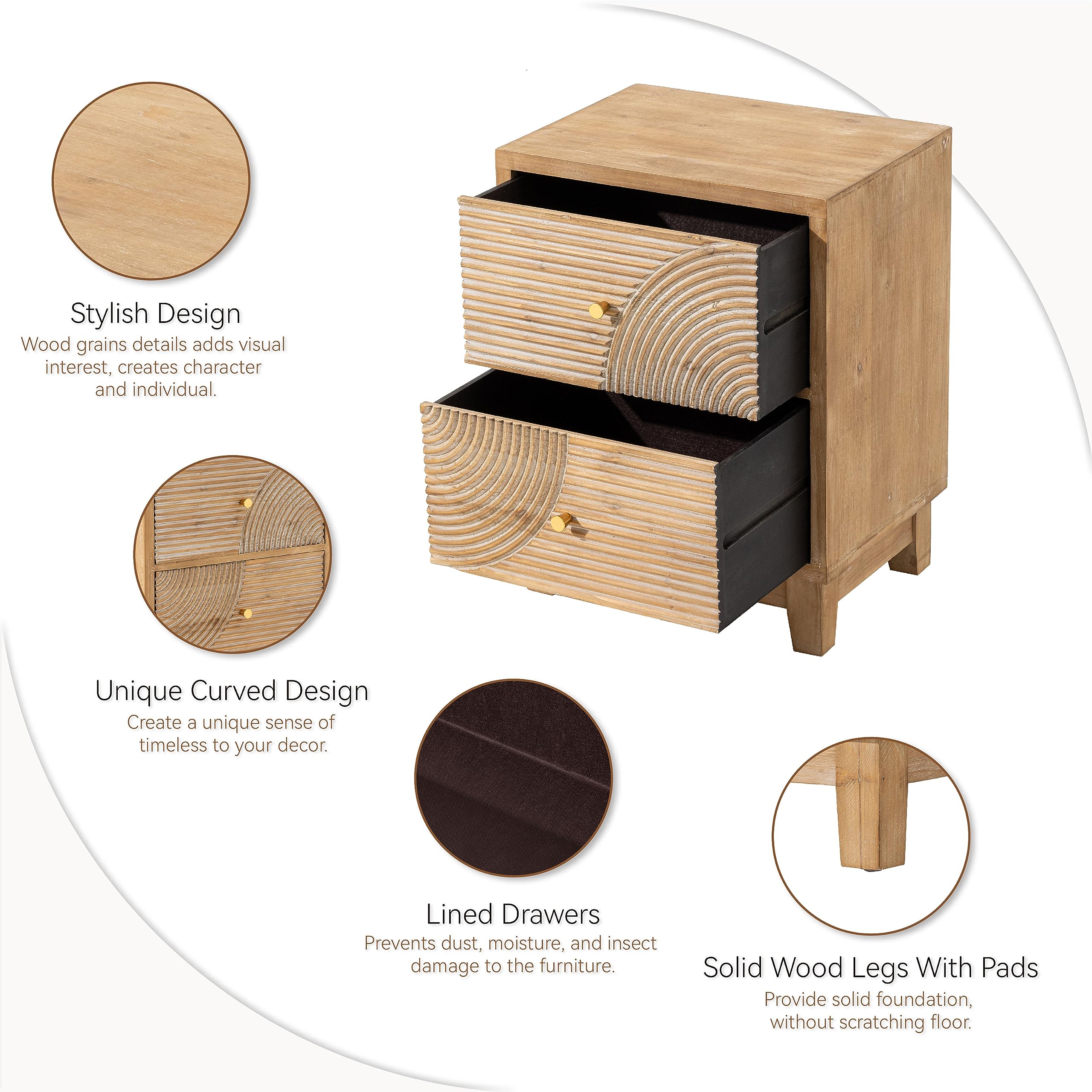 COZAYH 2-Drawer Farmhouse Nightstand, Mid Century Nightstand Fully Assembled with Handcrafted Wood Ring Pattern for Boho, Mid-Century, Rustic Style, Natural Wood