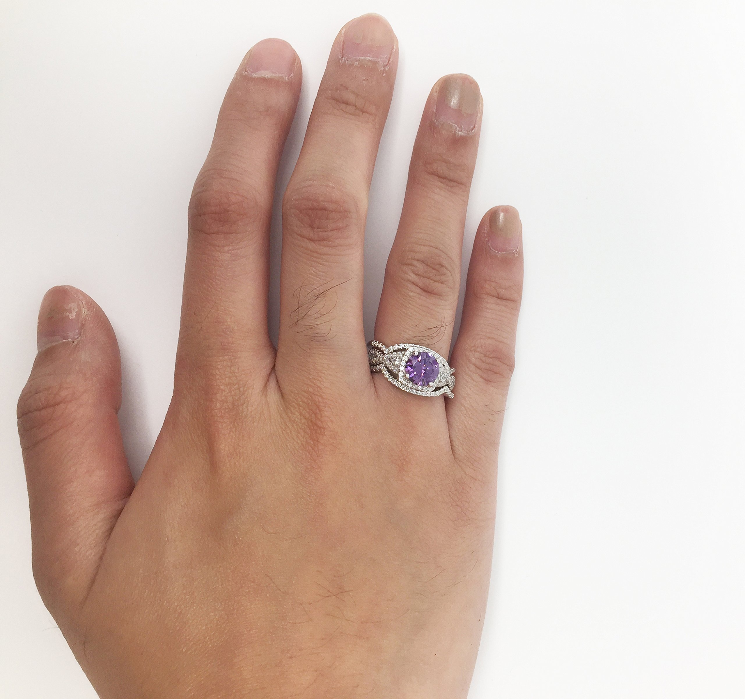 Blue Apple Co. Halo Three Piece Trio Set Wedding Ring Infinity Round Simulated Purple Amethyst CZ 925 Sterling Silver Size 6