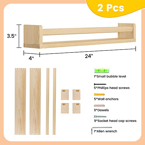 Fun Memories Nursery Book Shelves Set of 2 - Rustic Natural Solid Wood Floating Bookshelf for Kids - Wall Book Shelves Kitchen Spice Rack for Kids Room, Home Decor - Natural Wood - 24 Inch