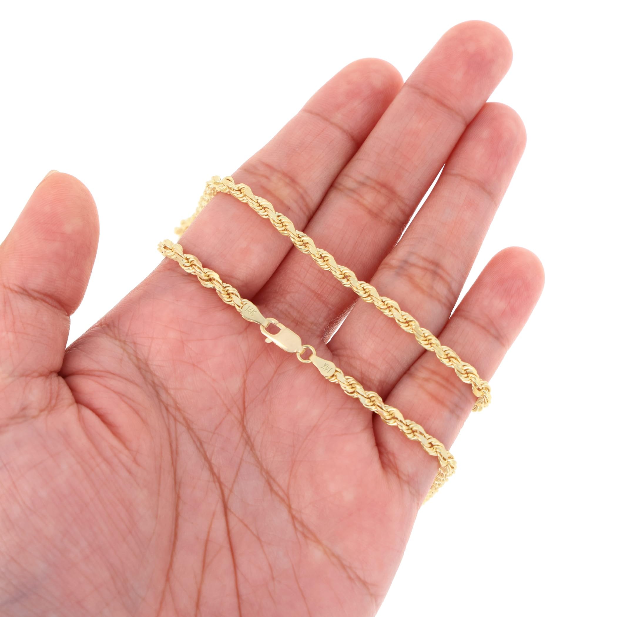 Nuragold 14k Yellow Gold 3mm Rope Chain Diamond Cut Bracelet or Anklet, Mens Womens Jewelry 7" 7.5" 8" 8.5" 9"