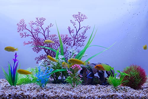Fishdance Aquarium Plants, Artificial Fish Tank Plastic & Resin Plants and Broken Barrel Decorations Decor White Red Fake Coral Plants Set 8 Pcs