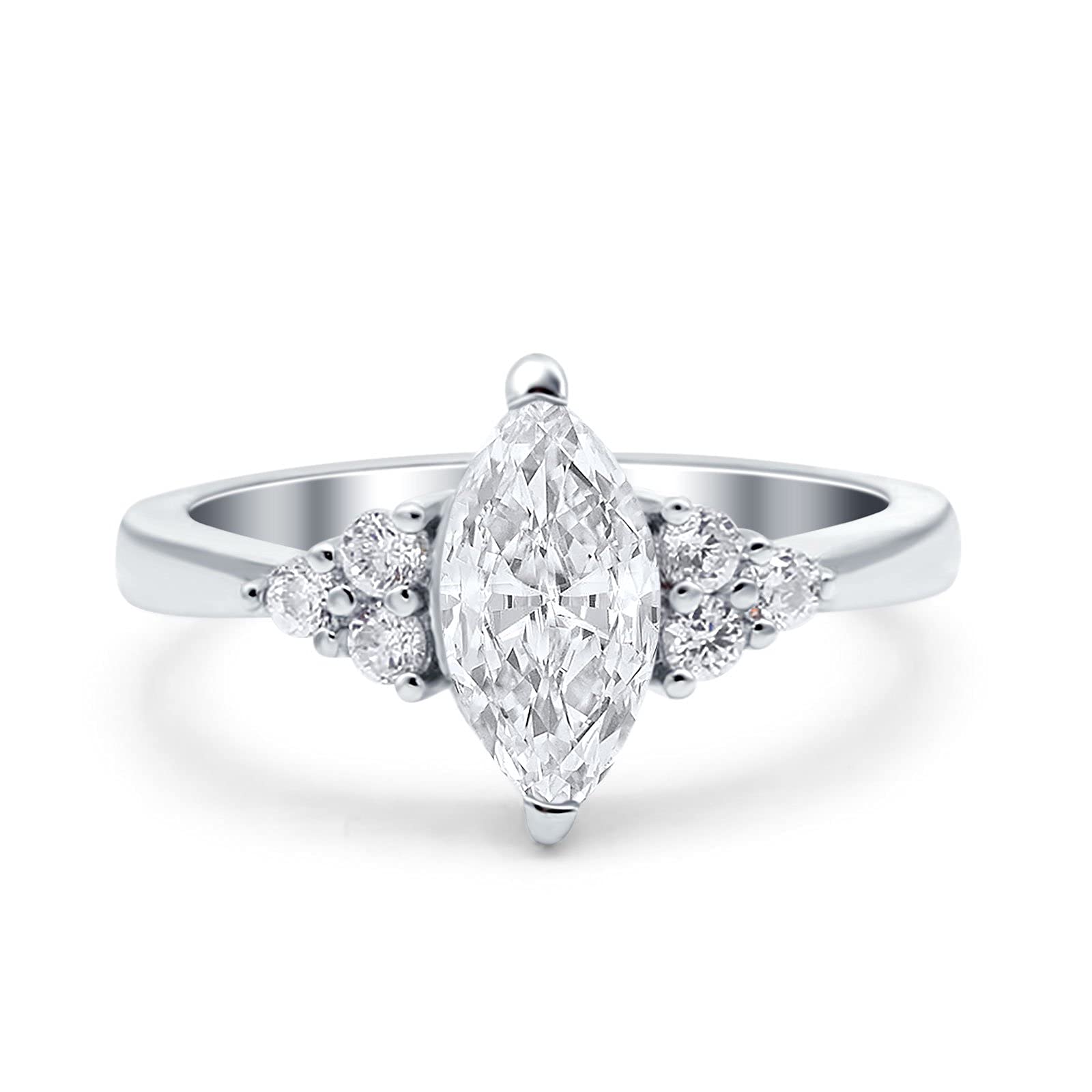 Blue Apple Co. Simulated Cubic Zirconia Size-7 Vintage Art Deco Marquise Wedding Engagement Bridal Ring CZ 925 Sterling Silver