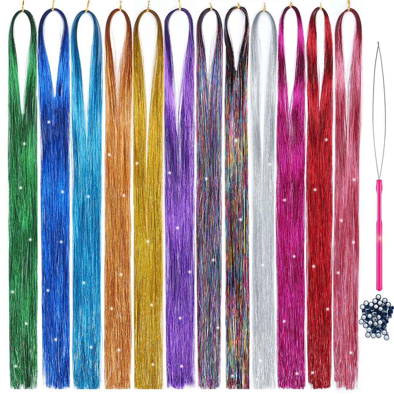 Hair Tinsel kit Fairy Hair Tinsel Kit 47 Inch Hair Extensions Hair Tinsel Kit Strands with Tool 12 Colors 2280 Strands Sparkling Glitter Fairy Hair Tinsel (12 Colors)