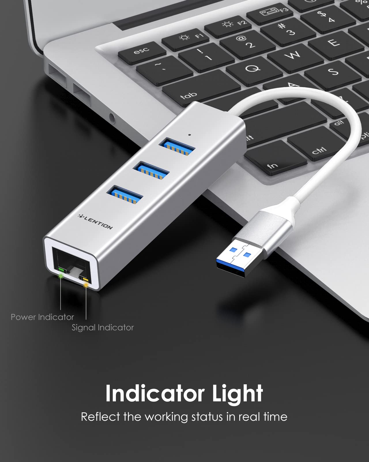 LENTION USB Hub to 3 USB 3.0 & Gigabit Ethernet LAN RJ45, Network Adapter Compatible MacBook Air/Pro (2009-2015), Surface, Chromebook, More Type A Devices, Stable Driver Certified(H23s, Silver)