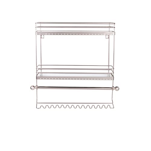 Home Details Wall Mounted Jewelry Organizer | Dimensions: 14.6"x 3.9"x 15.6" | 2 Tier Mirror | Home Organization | Great for Bracelets | Necklaces | Earrings | Mirror Based Shelf | Satin Finish