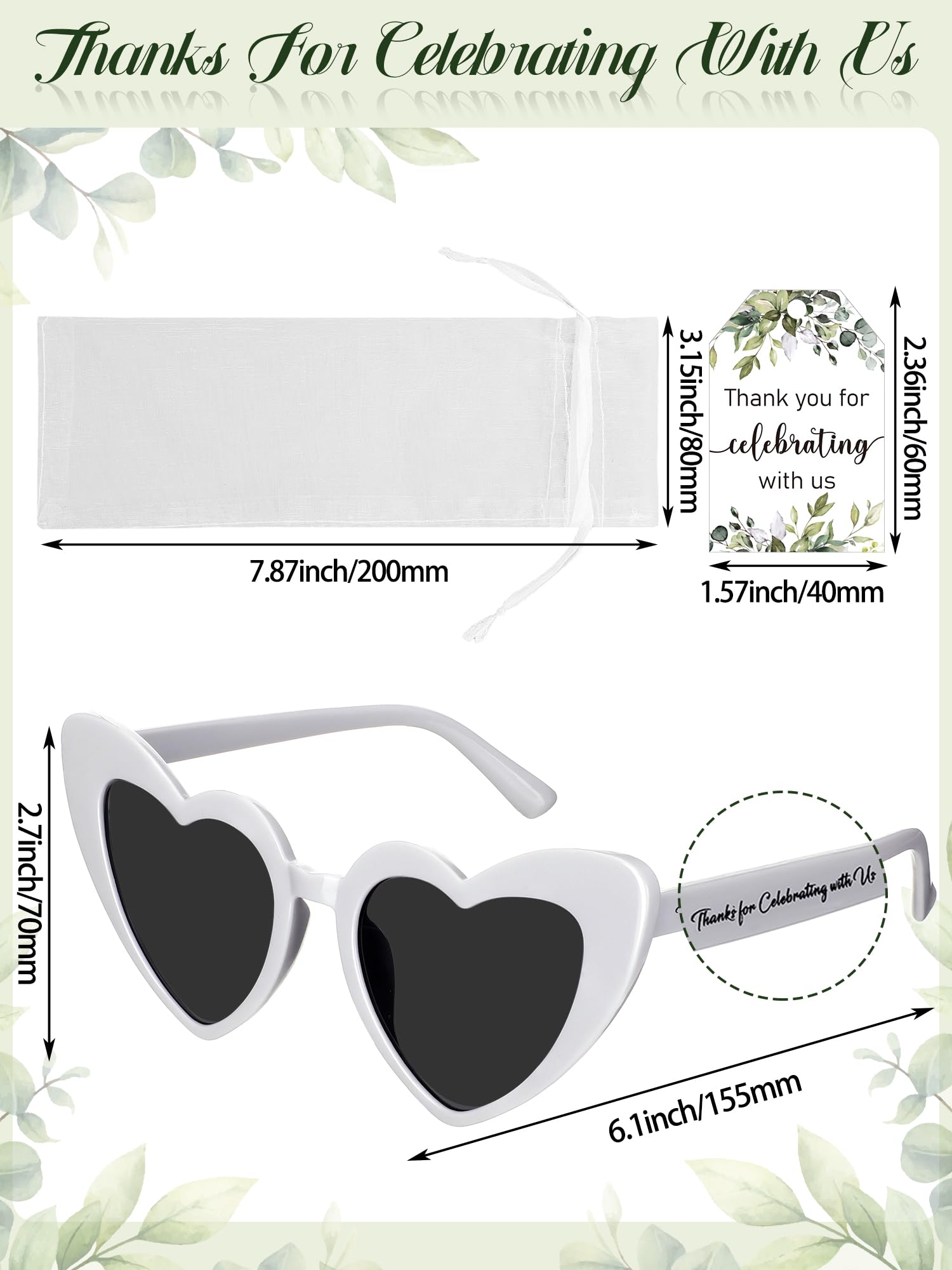 Chapou 25 Set White Heart Shaped Sunglasses Bulk Wedding Bridal Shower Sunglasses Party Favors for Guests Bride(Eucalyptus)