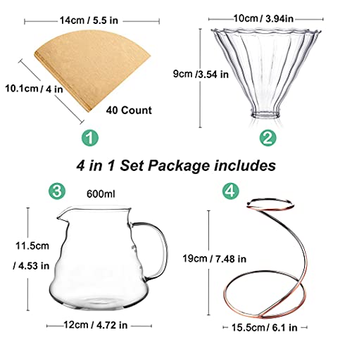 Pour Over Coffee Maker Set – Includes Glass Coffee Dripper, Metal Dripper Stand, Heat Resistance 600ml Coffee Server and 40 Count Paper Coffee Filters, 4 in 1 Set for Home or Office (Bronze Set)