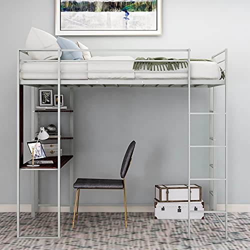 Merax Metal Loft Bed wit Desk and Shelves/Metal Slat Support/Space-Saving Twin, Silver