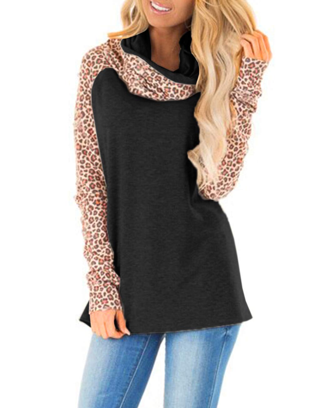 Blivener Women's Casual Sweatshirts Long Sleeve Leopard Print Tops Cowl Neck Raglan Shirts (Black, XL)