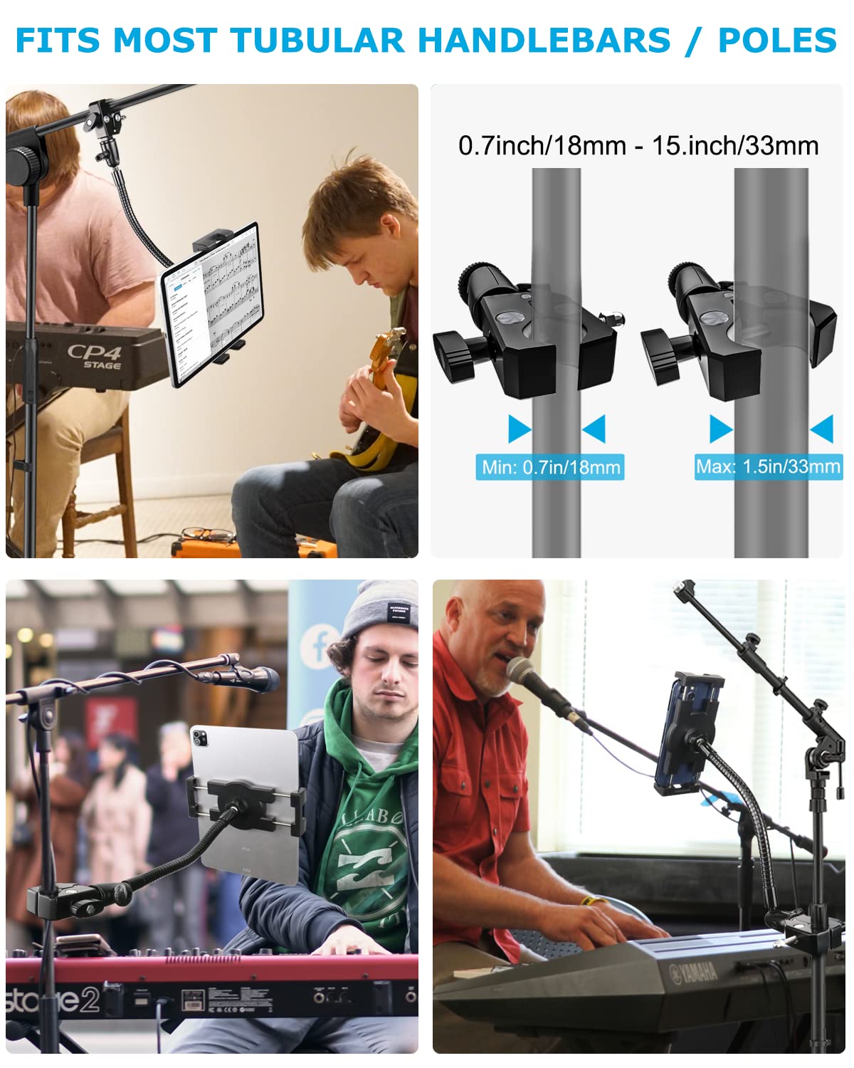 Gooseneck Tablet Mic Stand, woleyi Phone iPad Holder for Microphone Stand [Metal Arm Clamp] 360° Swivel Tablets Music Mount, Compatible with iPad Pro 12.9 Air Mini, iPhone, Galaxy Tabs, 4-13" Devices