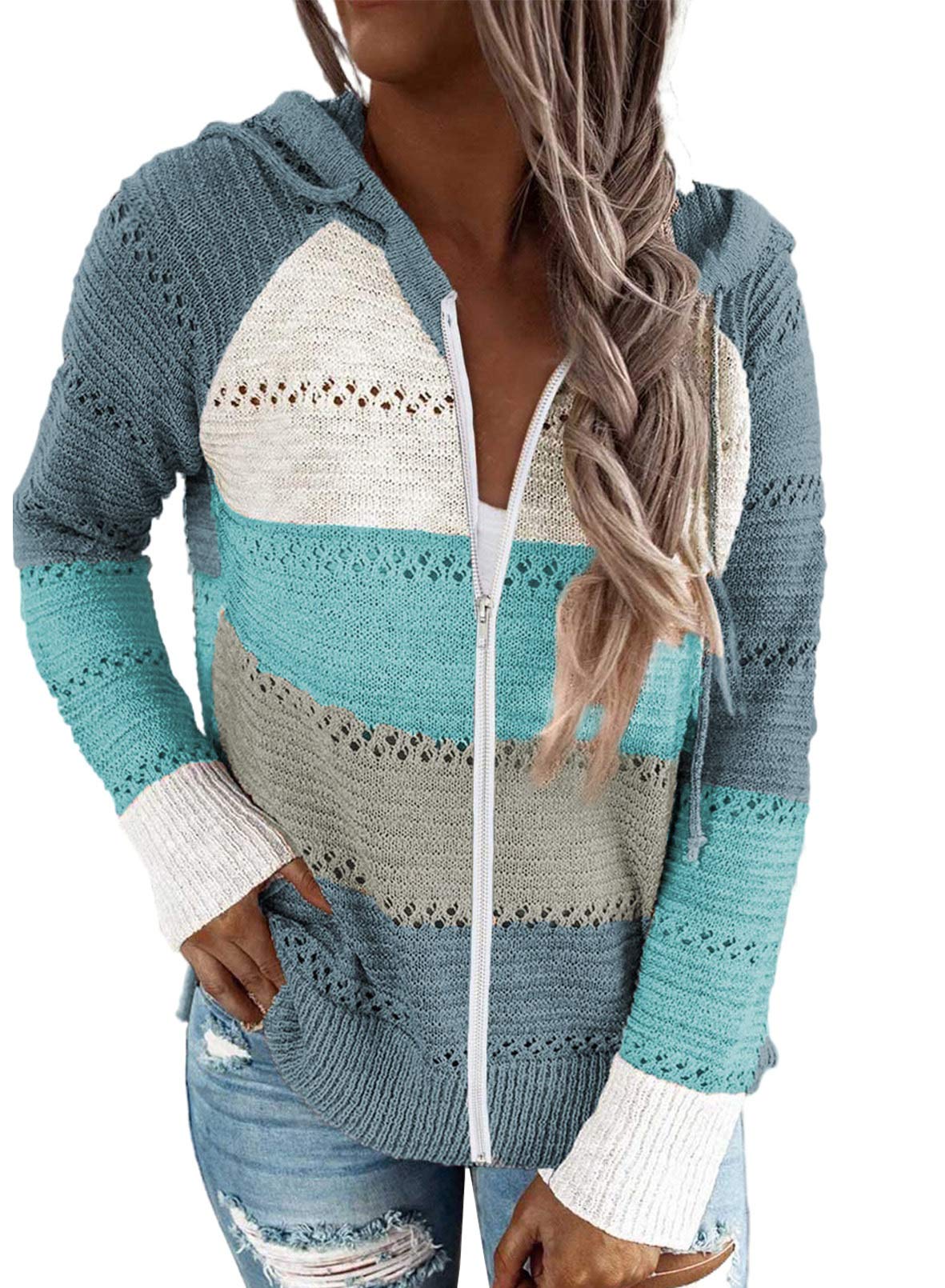 Biucly Womens Stripes Color Block Knit Sweater Zip Up Hoodies Long Sleeve Lightweight Drawstring Jacket Pullover Sweatshirts Sweaters Fall Winter 2022,US 8-10(M),Sky Blue