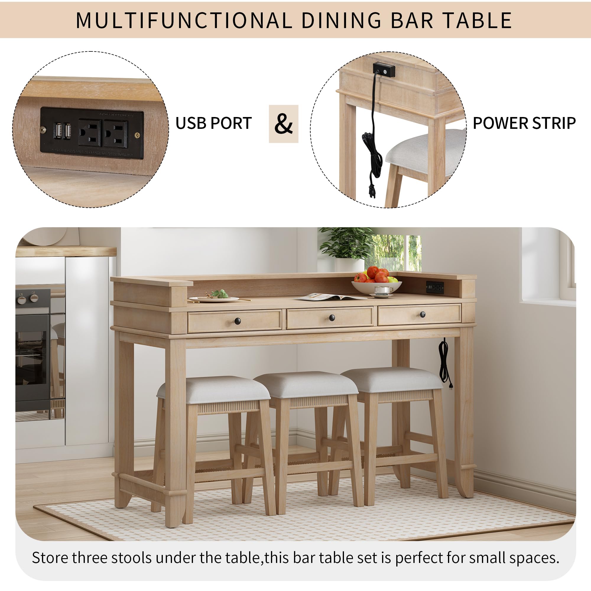 Biofocus 4-Piece Dining Bar Table Set with 3 Upholstered Stools, Multifunctional Dining Table with 3 Drawers for Kitchen Living Room Bedroom (Natural Wood Wash)