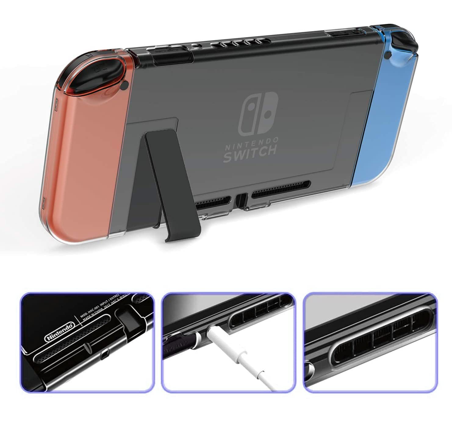 Clear Case for Nintendo Switch,3 in 1 Protective Case Cover for Nintendo Switch with 4 Thumb Grips and Game Cards Box (Clear White)