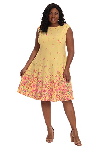London Times Women's Floral Border Cap Sleeve Fit & Flare Dress, Yellow/Spiced Coral, 4