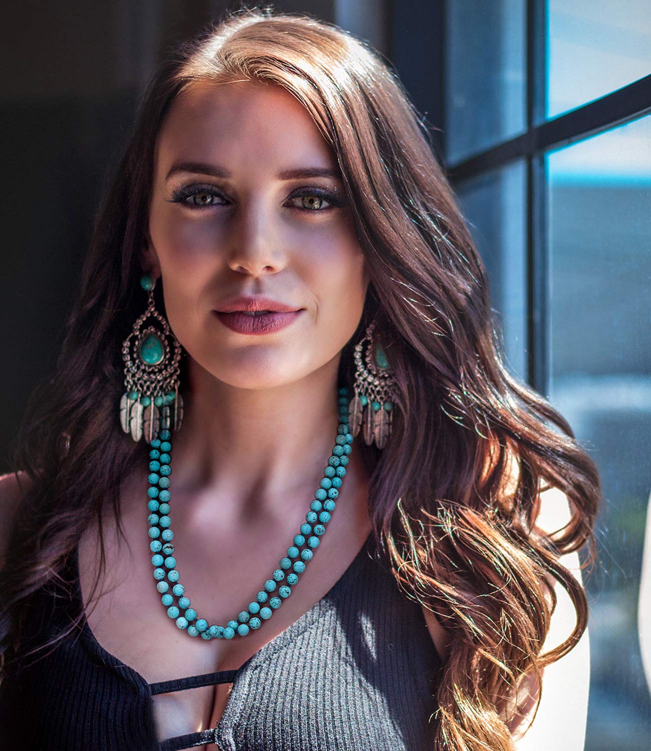 PEARLADA Boho Turquoise Necklace Long Beaded Necklace Strand Handmade Knotted Jewelry for Women Fashion Beads Endless Necklace