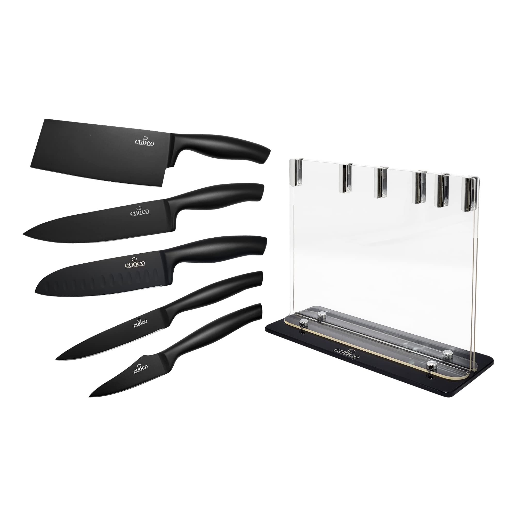 CUOCO Black Knife Set with Block 5 Pieces, Modern Knife Set with Cleaver, Santoku Knife, and Chef Knife, All Black Knife Set with Extreme Sturdiness and Superior Longevity