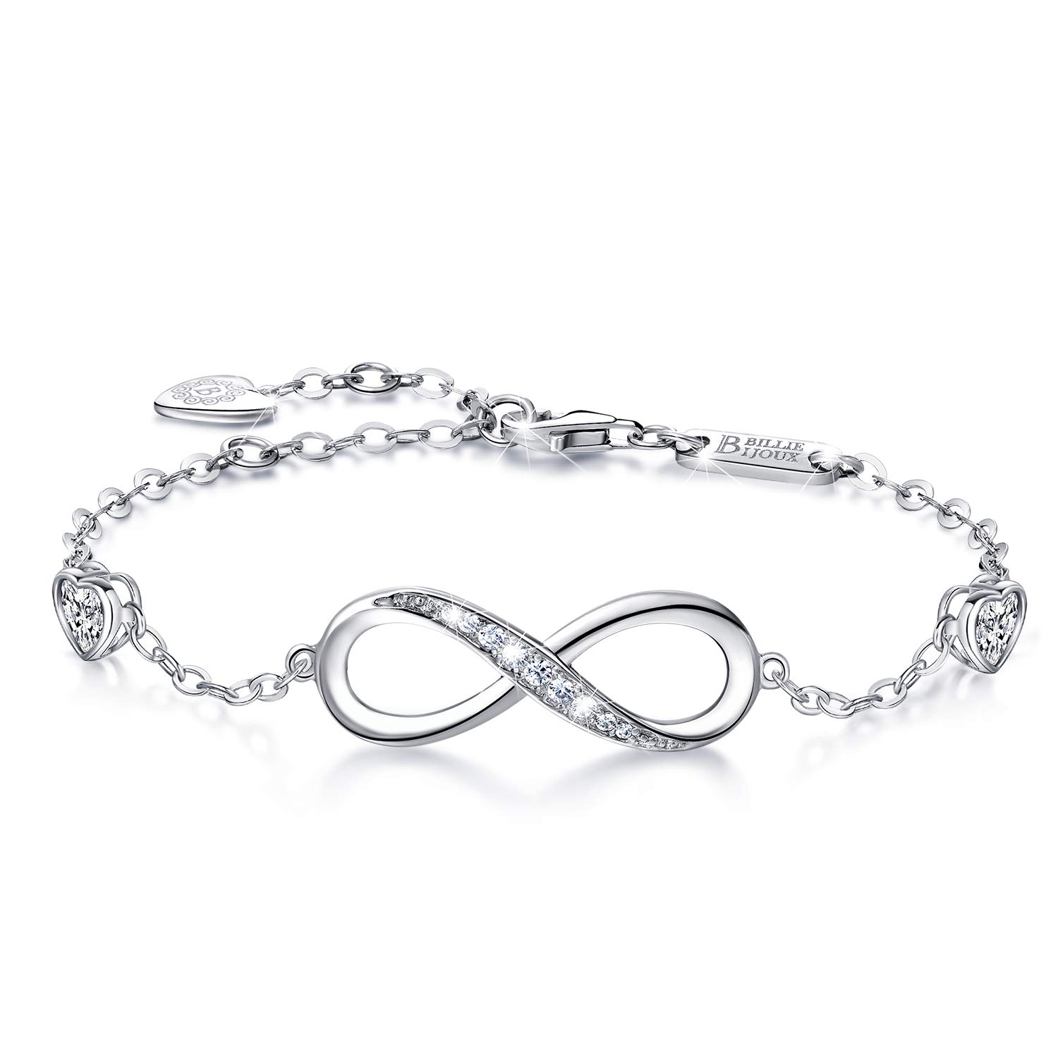 Billie Bijoux 925 Sterling Silver Infinity Womens Bracelet White Gold Plated Love Symbol Charm Adjustable Small Bracelet