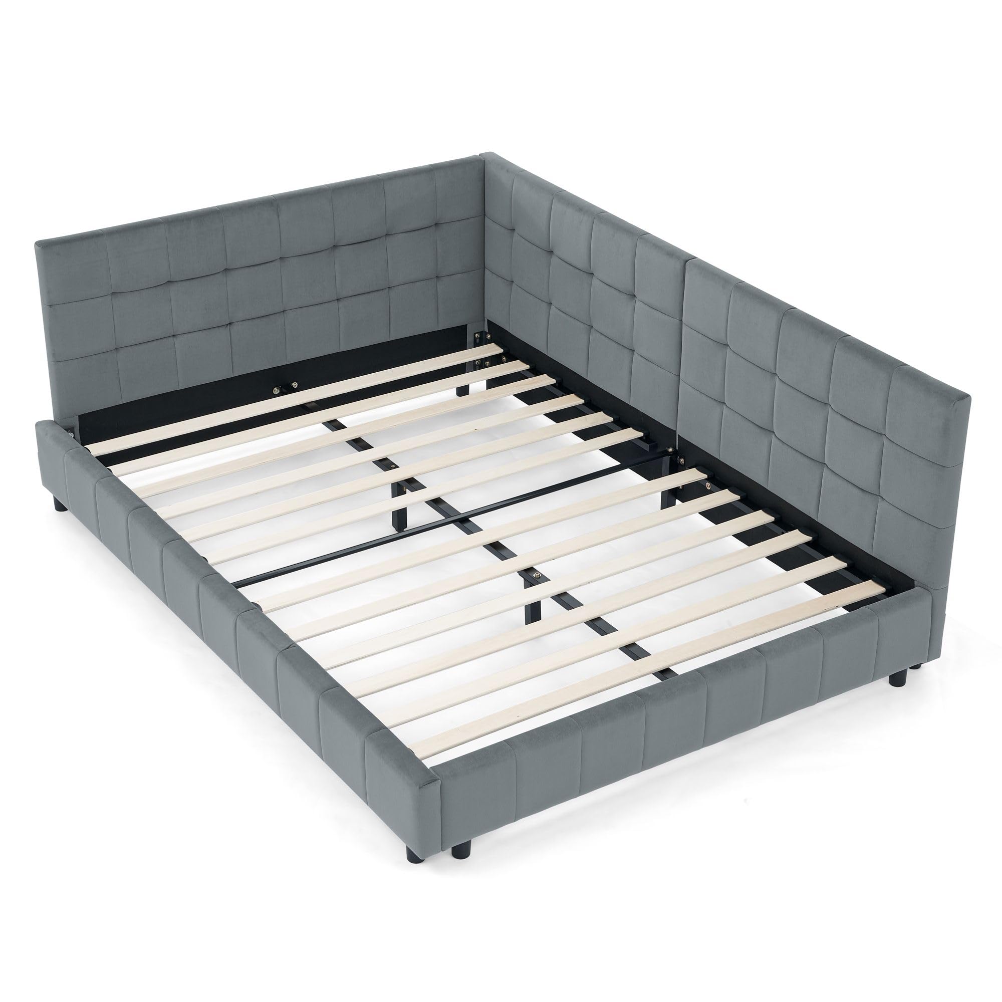 DEINPPA Full L-Shape Corner Bed Frame, Velvet Upholstered Tufted Daybed with Slat, Floor Platform Bed with Soft Headboard for Bedroom Nook, No Box Spring Needed-Black