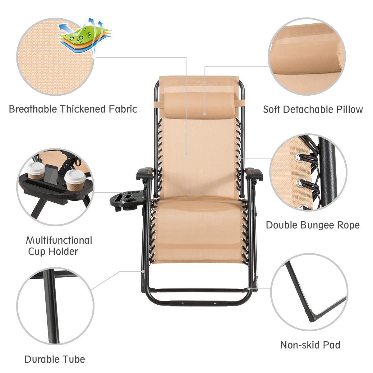 Goplus Zero Gravity Chairs, X-Large Outdoor Lounge Lawn Chair with Cup Holder & Detachable Headrest, Adjustable Folding Patio Recliner for Pool Porch Deck Oversize (Beige)