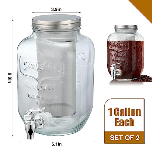 Tanlade 2 Pcs 1 Gallon Cold Brew Coffee Maker and 2 Pcs Stainless Steel Mesh Filter Cold Brew Mason Jar Drink Dispenser Thick Glass Iced Tea Maker Large Iced Coffee Maker Carafe