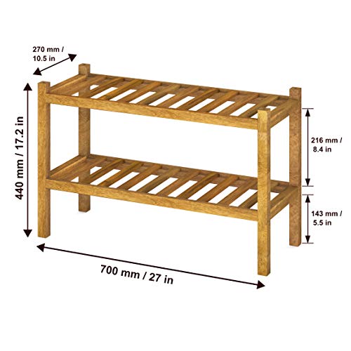 INTERBUILD Acacia Solid Wood Shoe Storage Organizer 2-Tier Stackable Shoe Rack, Golden Teak