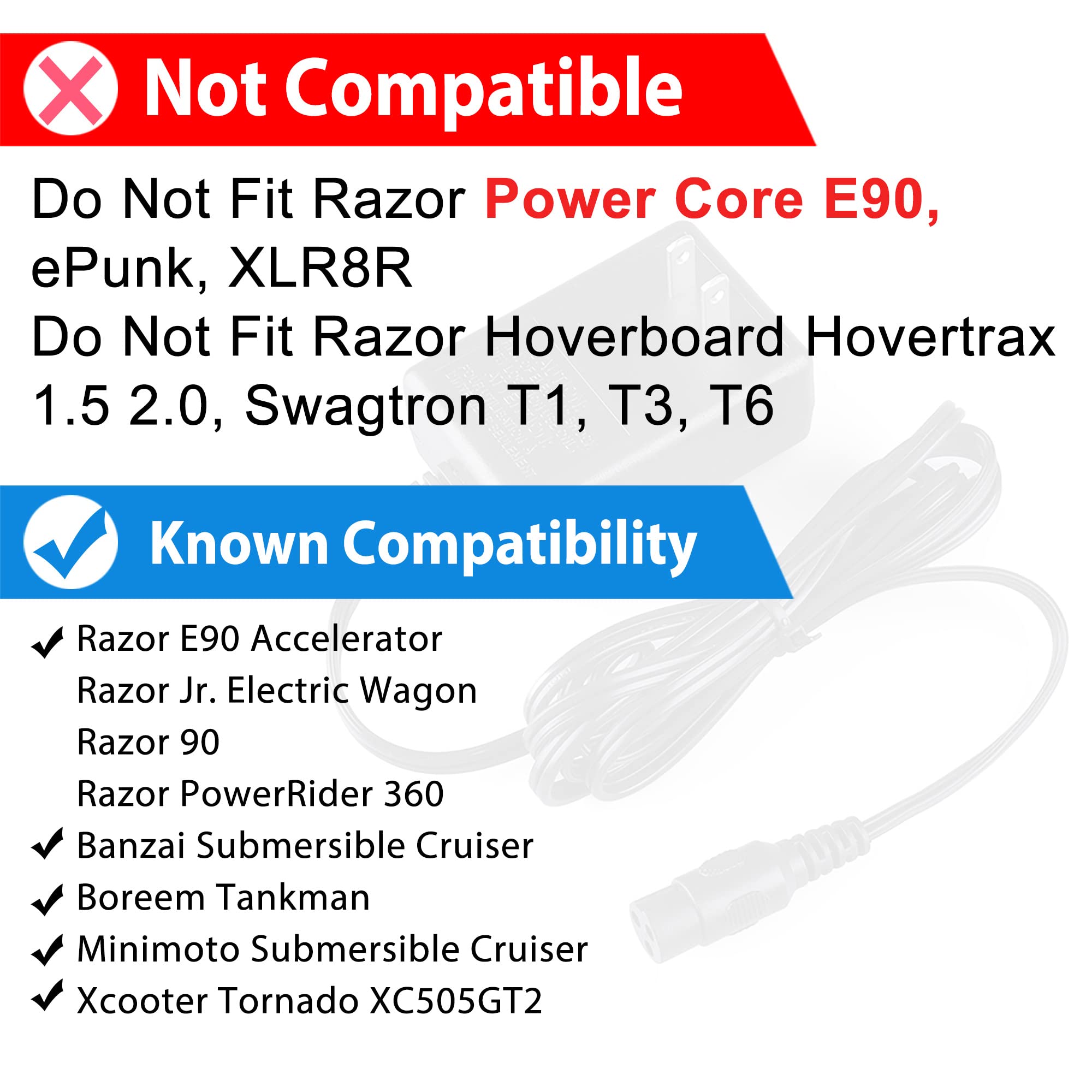 LotFancy Scooter Battery Charger for Razor E90, PowerRider 360, Jr. Electric Wagon, Boreem Tankman, Minimoto Submersible Cruiser, 12V 1A, 3-Prong Inline Connector, Replacement W13111401014