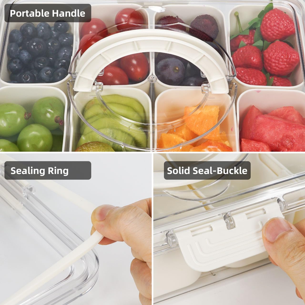 Divided Veggie Tray with Lid and Handle,Compartment Serving Tray with Dividers,Clear Storage Organizer for Candy, Veggie, Fruits, Nuts& Spices, Portable Snack Container for Entertaining Party, Picnic