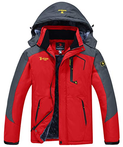 JINSHI Men's Snow Jacket Waterproof Ski Jackets Winter Hooded Mountain Fleece Jacket (Red,M)