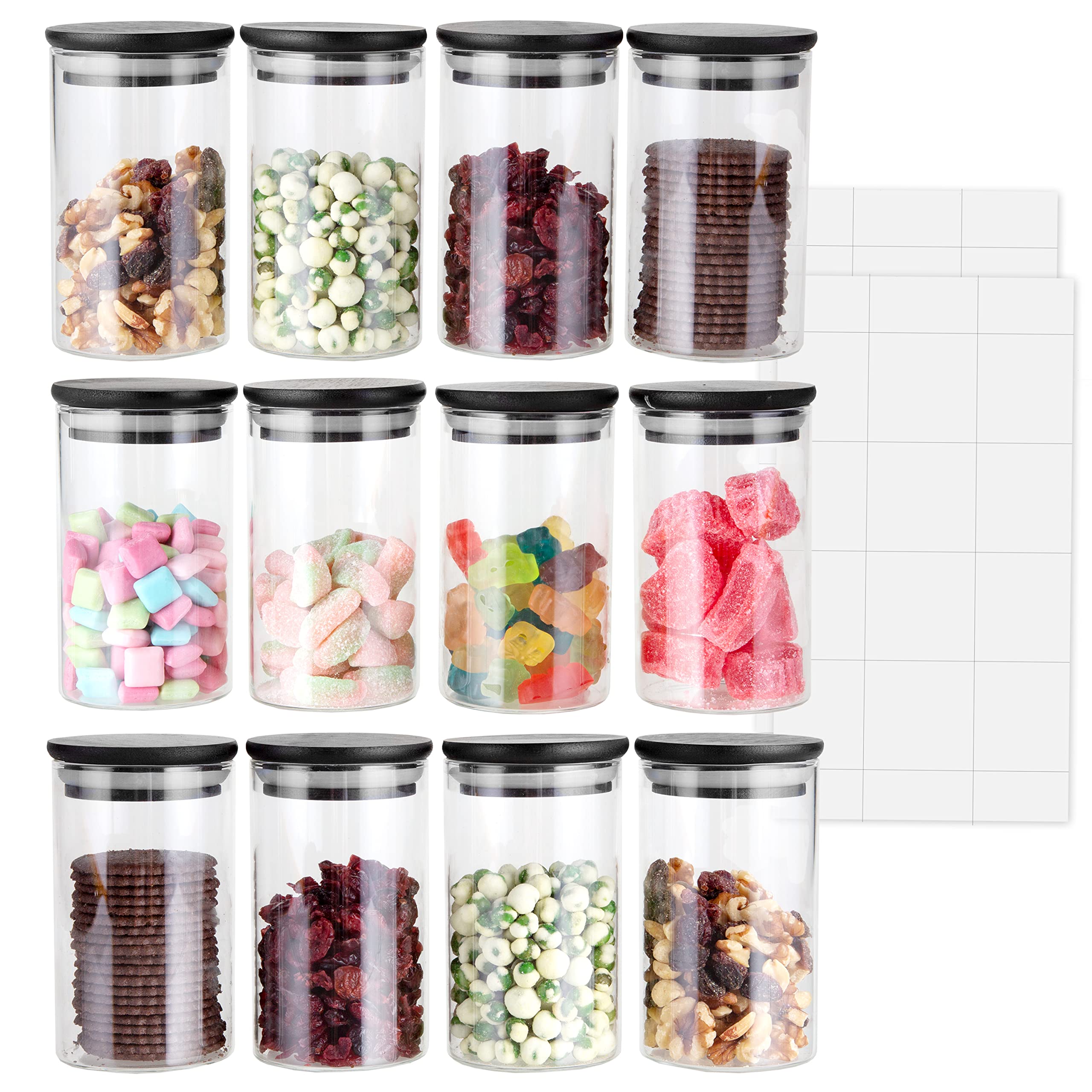 Crutello 12 Pack 8.5 Oz Spice Jars with Black Bamboo Lids for your Pantry, Dishwasher Safe Jars with Black Lids and Labels for Spices, Honey, Beans, Rice, Nuts