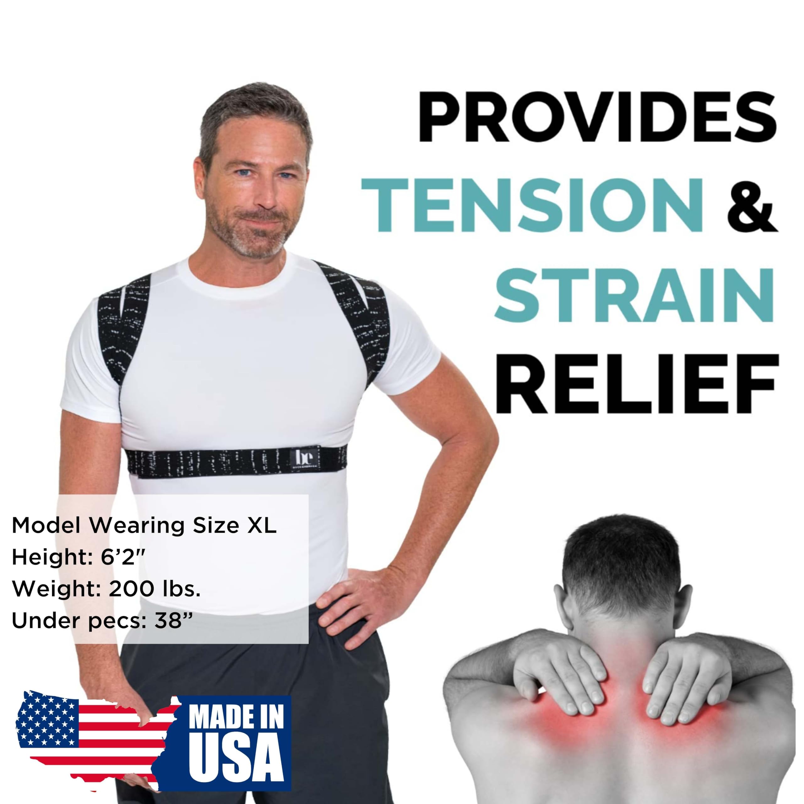 BackEmbrace Posture Corrector for Women and Men - Made in USA - Slim and Adjustable Shoulder Brace - Back Brace for Back Pain Relief - Black Drizzle M/L
