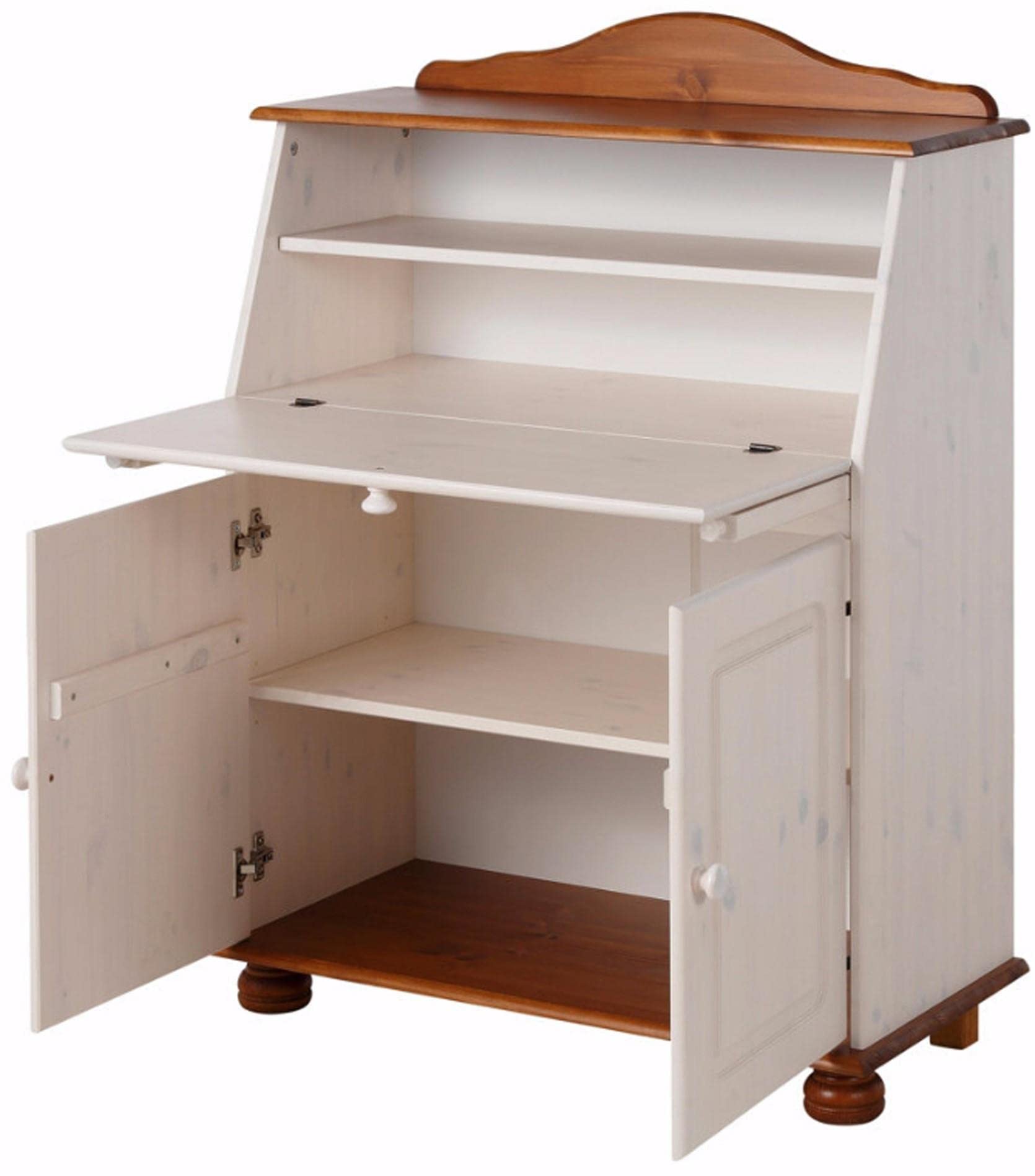 REALROOMS Chester Solid Wood Storage Desk with Bottom Closed Storage Cabinet, White and Honey