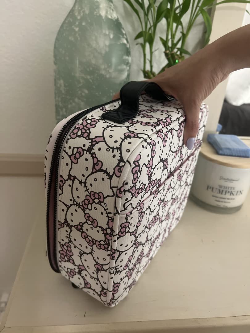 Impressions Vanity Hello Kitty Cosmetic Bag with Faux Leather,Travel Toiletry Bag with Inside Zipper Pockets, Waterproof Reusable Large Cosmetic Makeup Vanity Organizer (White/Pink)