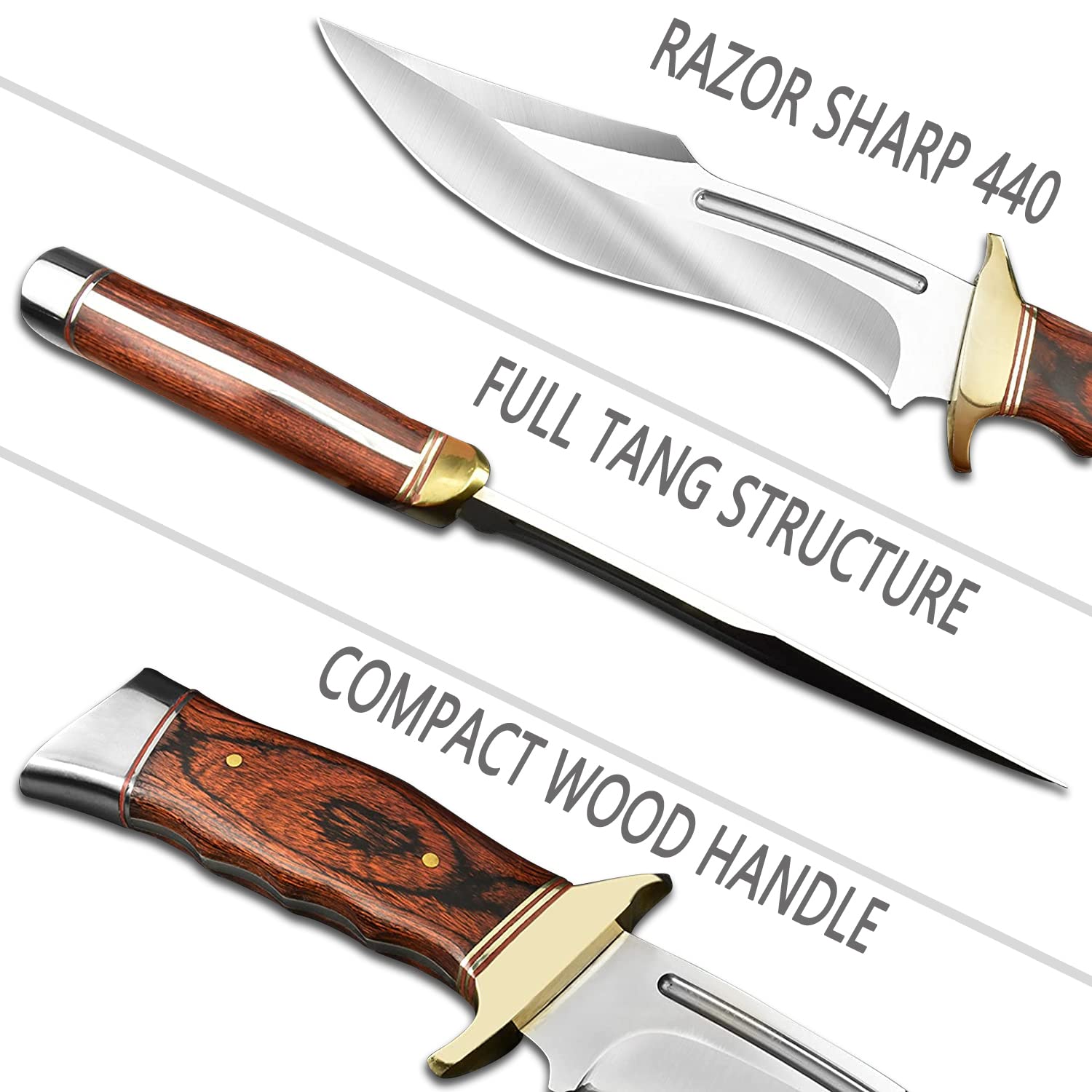 Bowie Knife with Sheath Full Tang Fixed Blade Hunting Knife 12 inches, Knife for Tactical, Survival, Camping, Christmas Gift
