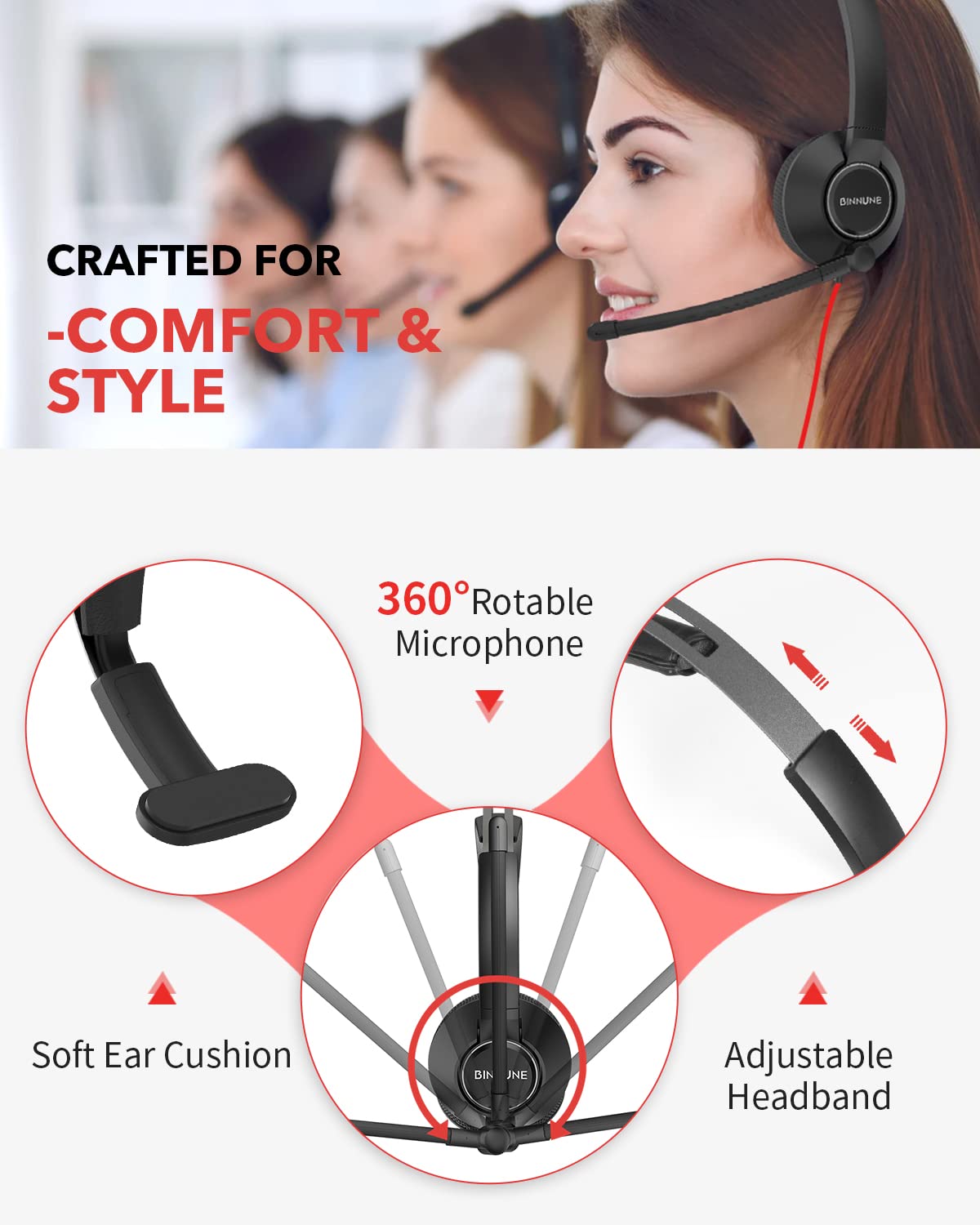 BINNUNE USB Headset with Microphone for Laptop PC Computer Wired Work Headphones with Noise Cancelling Mic for Zoom Office Conference Call Center Dictation