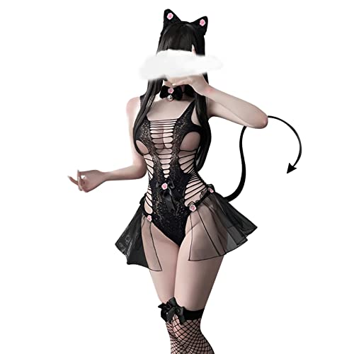 Kawaii Lingerie Cosplay Set for Women Sexy Cat Girl Outfits Slutty Roleplay Underwear Nightgown Sets for Sex Naughty Black