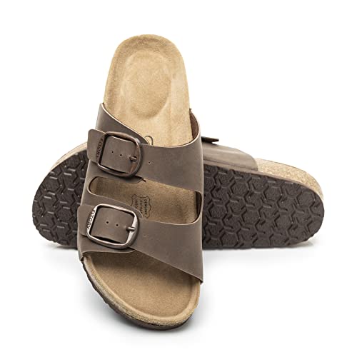 FITORY Womens Flat Sandals with Cork Footbed, Open Toe Slides Adjustable Slip On Slippers for Summer Brown Size 8