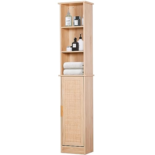 FUQARHY 65'' Tall Bathroom Storage Cabinet Organizer Wood Slim Floor Freestanding Cabinet Linen Tower with Door & 6 Shelves, w/Adjustable Shelves for Home, Bathroom, Kitchen (Natural)