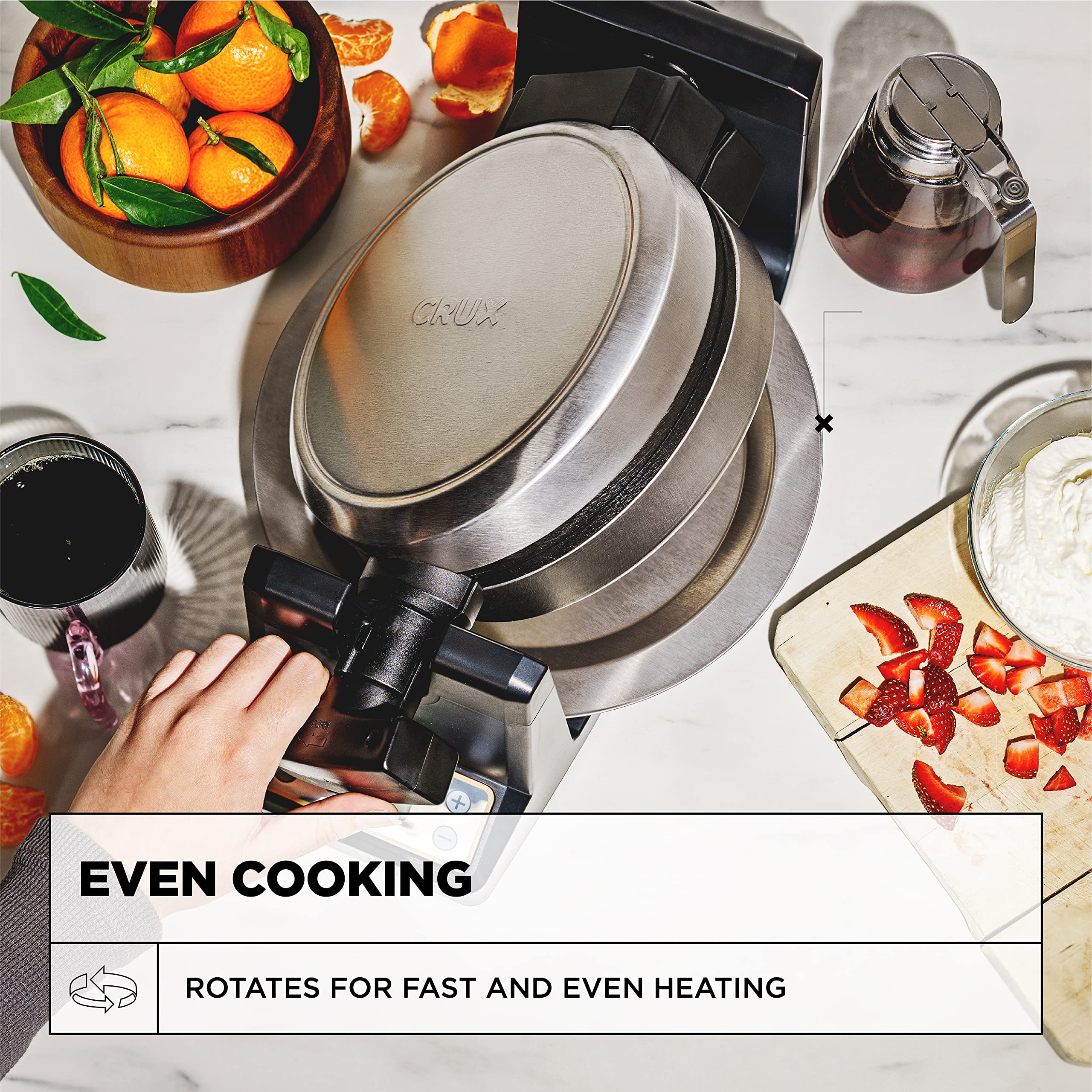 CRUX Rotating Belgian Waffle Maker with Deep Nonstick PFOA Free Plates, Digital Keto Chaffles Iron with LCD Display, Browning Control and Cord Storage, Stainless Steel