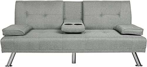 FULife Futon Sofa Convertible Sleeper Couch Bed Daybed Loveseat, Folding Recliner with 2 Cup Holders, Metal Legs, Removable Soft Pillow-Top Armrest for Living Room Small Place, Light Gray 66.1