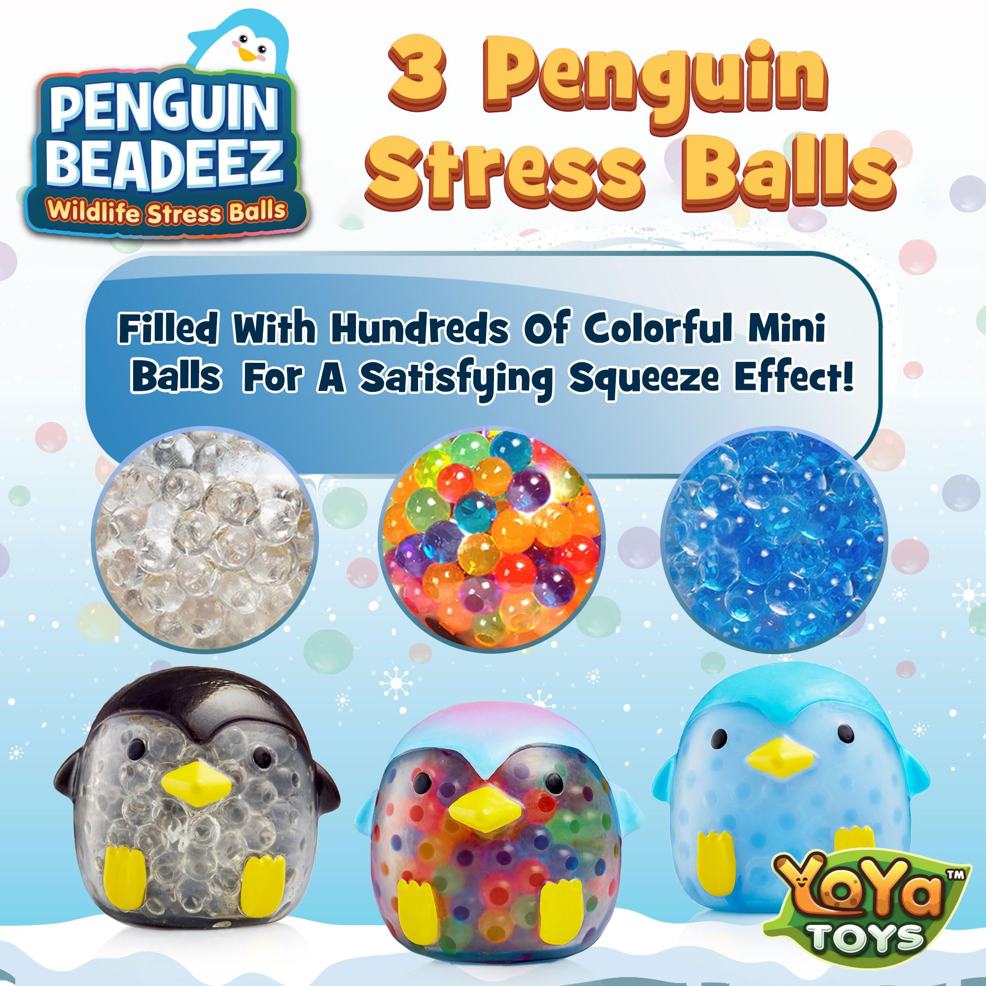 Penguin Stress Balls 3-Pack - Squishy Squeeze Fidget Ball Set for Stress Relief, Autism, ADHD - Cute Penguin Lovers Gift - Includes Blue, Black, Colorful Animal Squishies - Fun & Relaxing to Squish