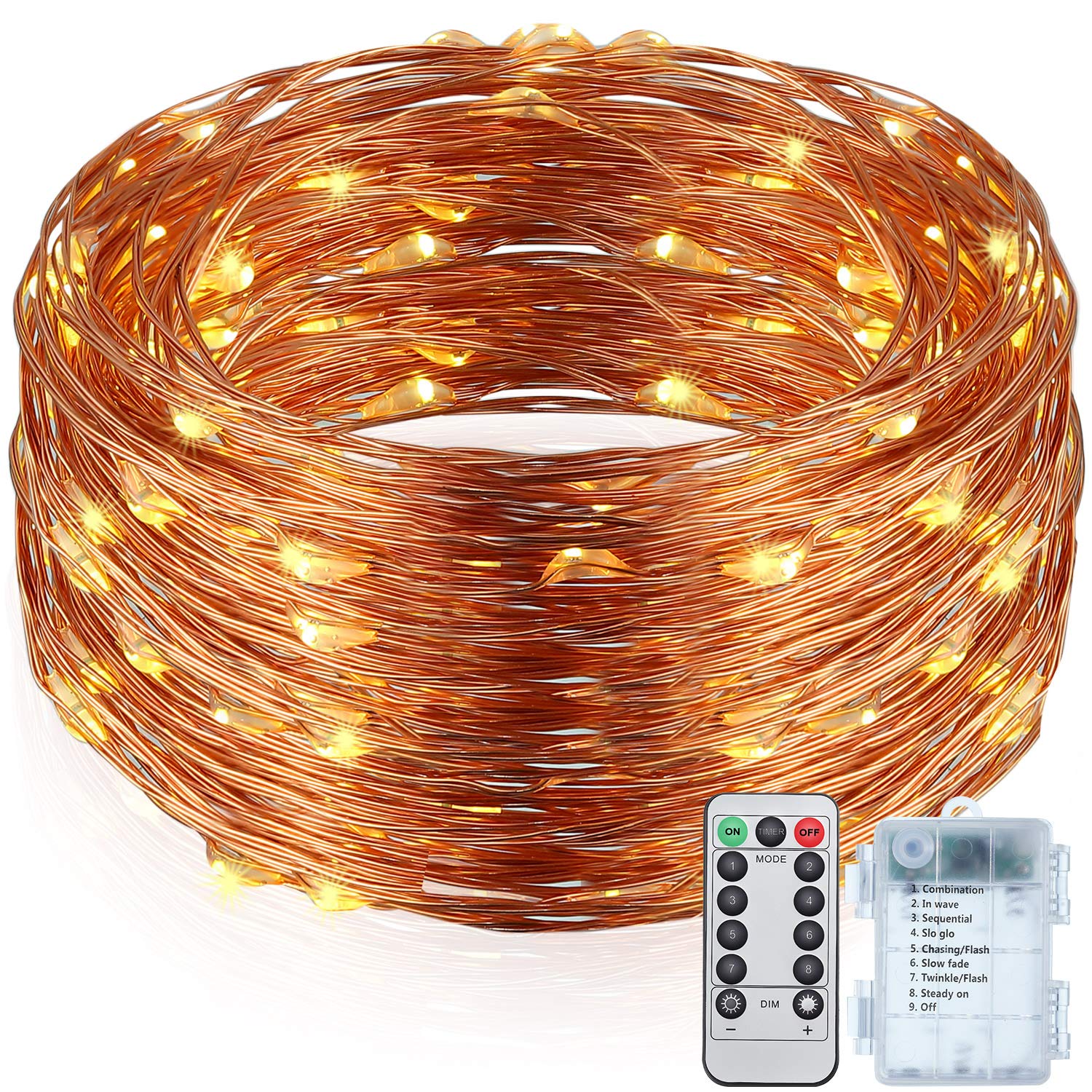 Battery Operated String Lights, Outdoor String Lights, 33ft/ 10 m 100 LED Waterproof Starry Fairy Lights with 8 Modes Remote Control Timer for Garden Room Christmas(Copper and Warm White)