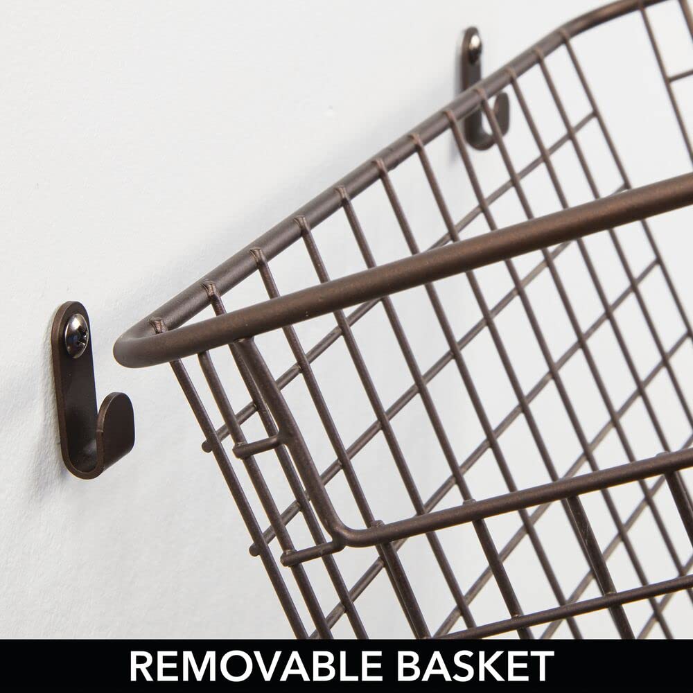 mDesign Portable Metal Farmhouse Wall Decor Storage Organizer Basket Bin with Handles for Hanging in Entryway, Mudroom, Bedroom, Bathroom, Laundry Room - Wall Mount Hooks Included, Large - Bronze