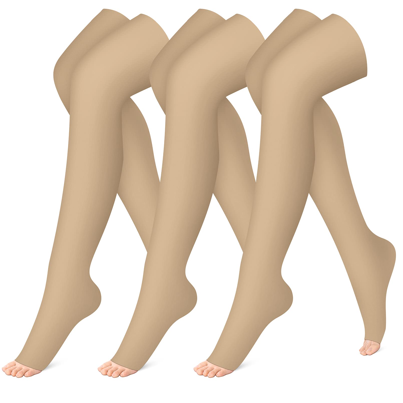 CHARMKING Compression Socks (3 Pairs) Open Toe Knee High Compression Sock for Women & Men Stockings for Running, Cycling,Athletic (04 Beige/Beige/Beige, S/M)