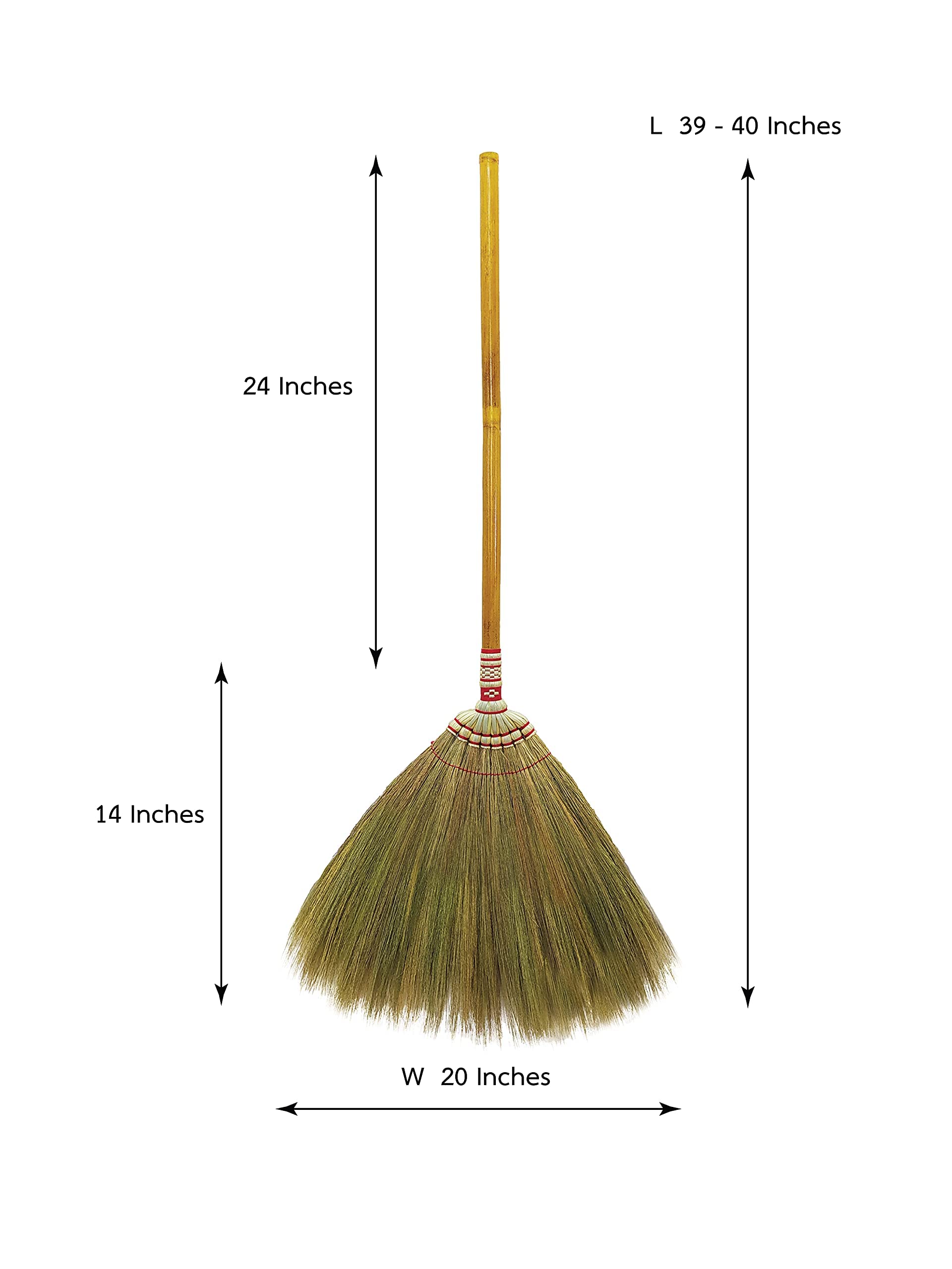 Indoor Grass Broom 40 Inch with Bamboo Handled Brooms for Floor Cleaning, Smooth & Hard Floor - Sweeping Tool Unique Handmade Craft Broom Design for Home, Kitchen, Office, Courtyard, Tiled Floor