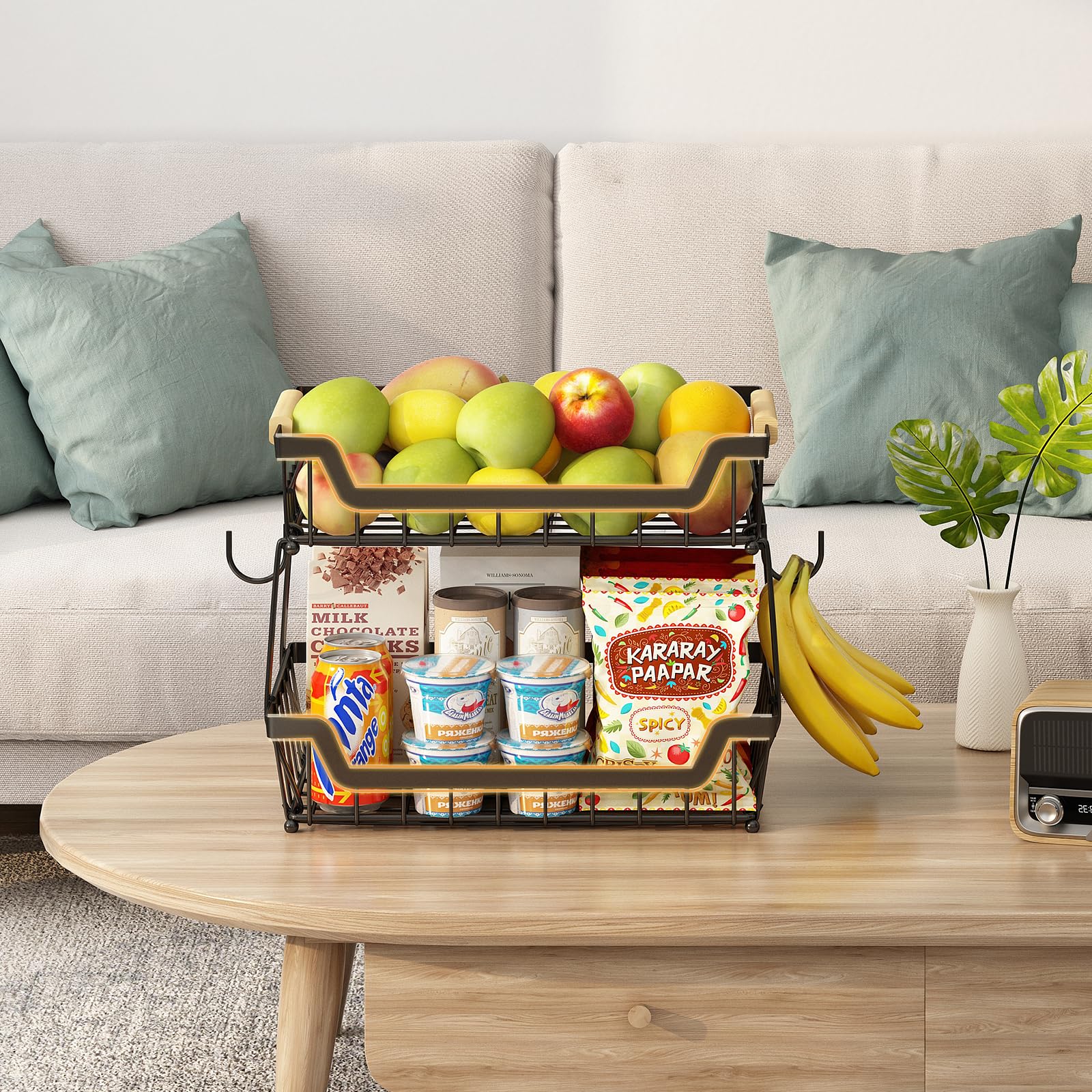 GILLAS 2 Tier Countertop Fruit Basket with 2 Banana Hangers for Kitchen, Detachable Metal Organizer for Bread Vegetable Fruits with Wooden Handle, Large Capacity Rectangular Storage Stand Bowls, Black