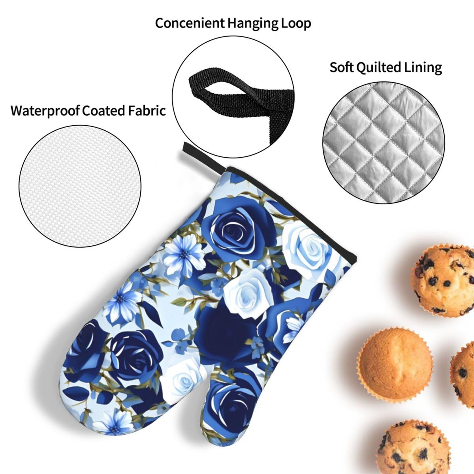 Blue Flower Floral Pattern Roses Oven Mitts and Pot Holders Set–Ultimate Heat Resistant Set for Kitchen and Dining